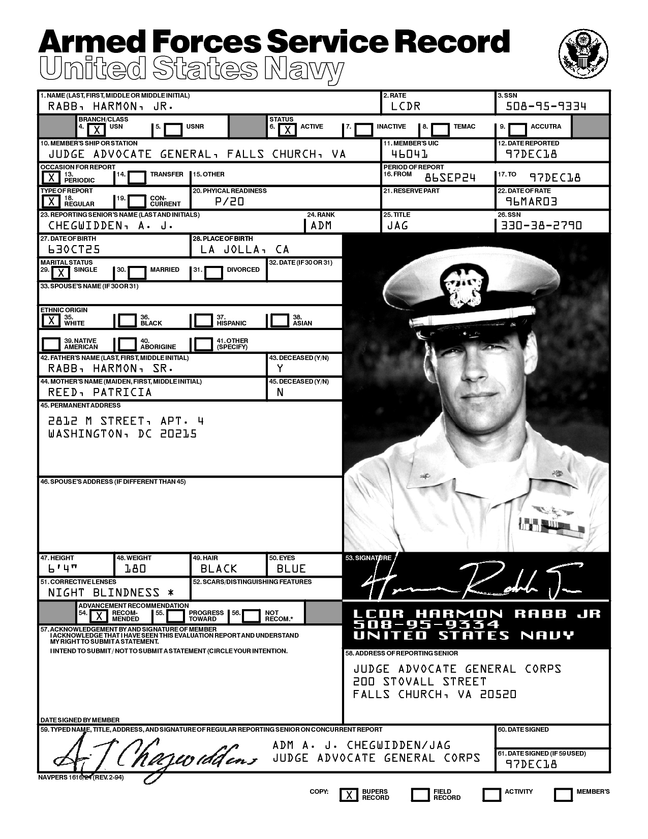 The Official Service Record of Lt. Commander Harmon Rabb, Jr.